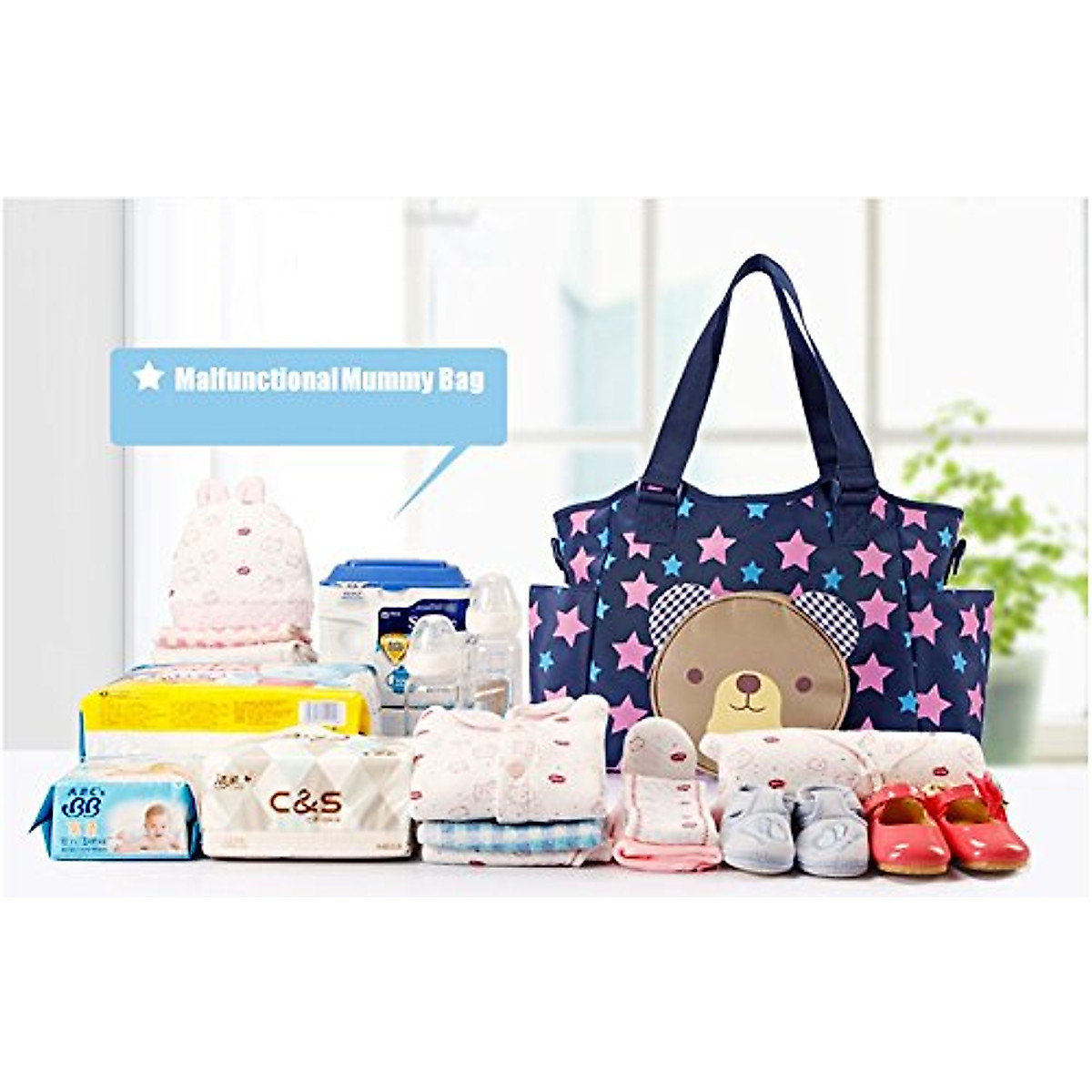 Mom Miya Large Capacity Multifunction Mummy Diaper Bag Tote Bag Mother Nappy Bag Set 3pcs Star Bear Design 2 Color (Blue)