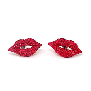 Honbay 1 Pair of Fashion Sexy Red Lip Stud Earrings Kiss Lip Ear Studs Sparkling Rhinestones Crystal Earrings