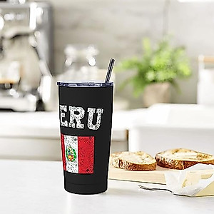 Peru Flag Peruvian Stainless Steel Vacuum Insulated Tumbler 20oz Coffee Cups Travel Mug Car Drinking Cup With Leak-Proof Flip Lid Metal Straw Cleaning Brush Gift For Men Women