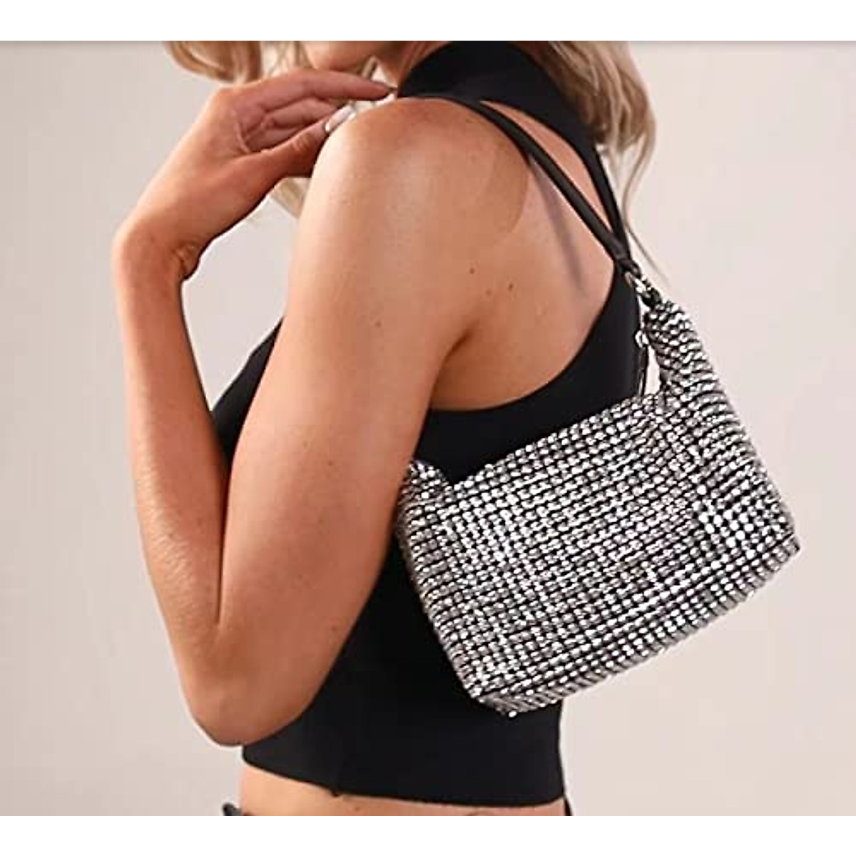 Rhinestone Purs for Women Clutch Purses Crystal Mini Top Handle Handbag Chain for Party(Hobo-Silver)