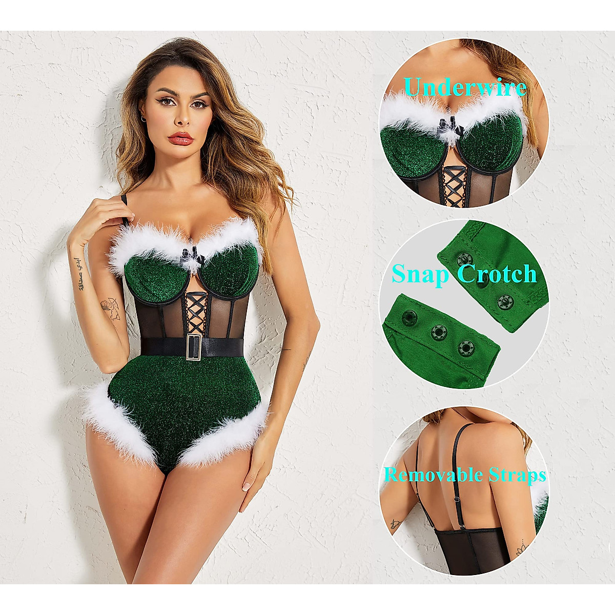 Avidlove Plus Size Lingerie Teddy Bodysuit Women Christmas Lingerie Red Santa Babydoll Set Green Medium