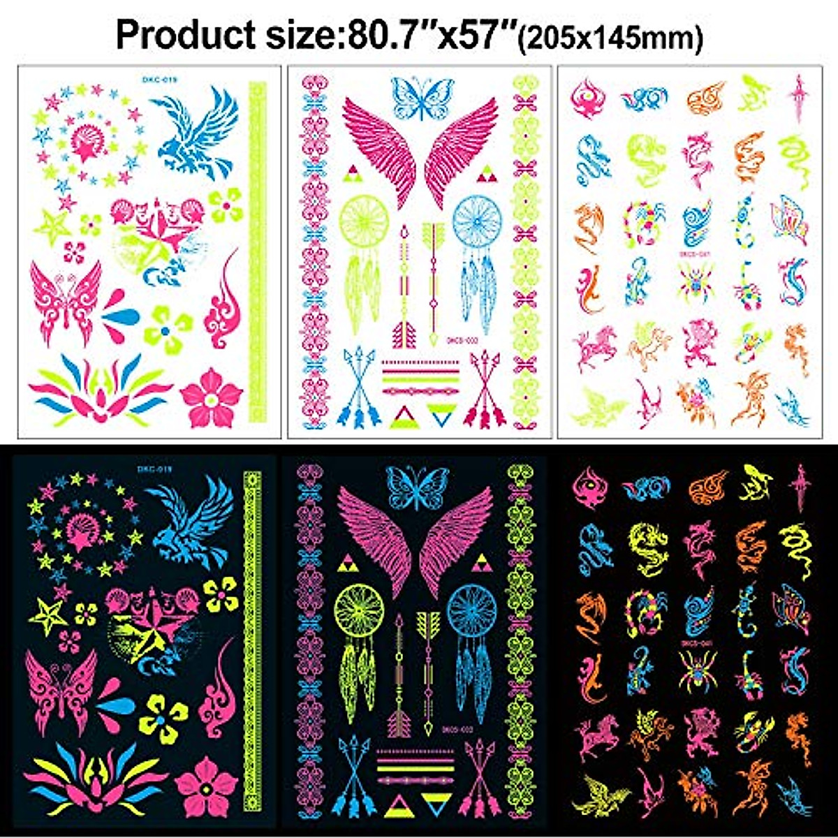 HOWAF 7 Large Sheets Neon Temporary Tattoos, 100+ Shimmer Designs Glow UV Neon Body Face Skin Tattoo Jewellery Tattoos Flash Fake Waterproof Tattoo Stickers for Women Girls Body Art