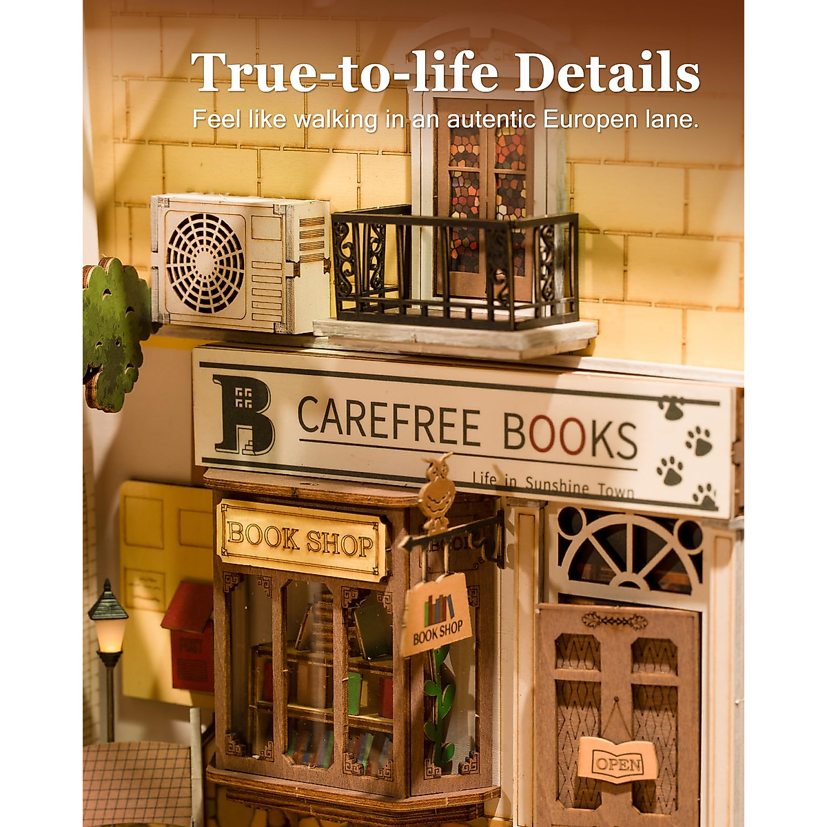 Rolife DIY Book Nook Kit 3D Wooden Puzzle for Adults 9.5" Bookshelf Indert Decor with LED Miniature Dollhouse Kit Bookend Crafts Diorama Hobbies Gifts for Boys Girls (Sunshine Town)