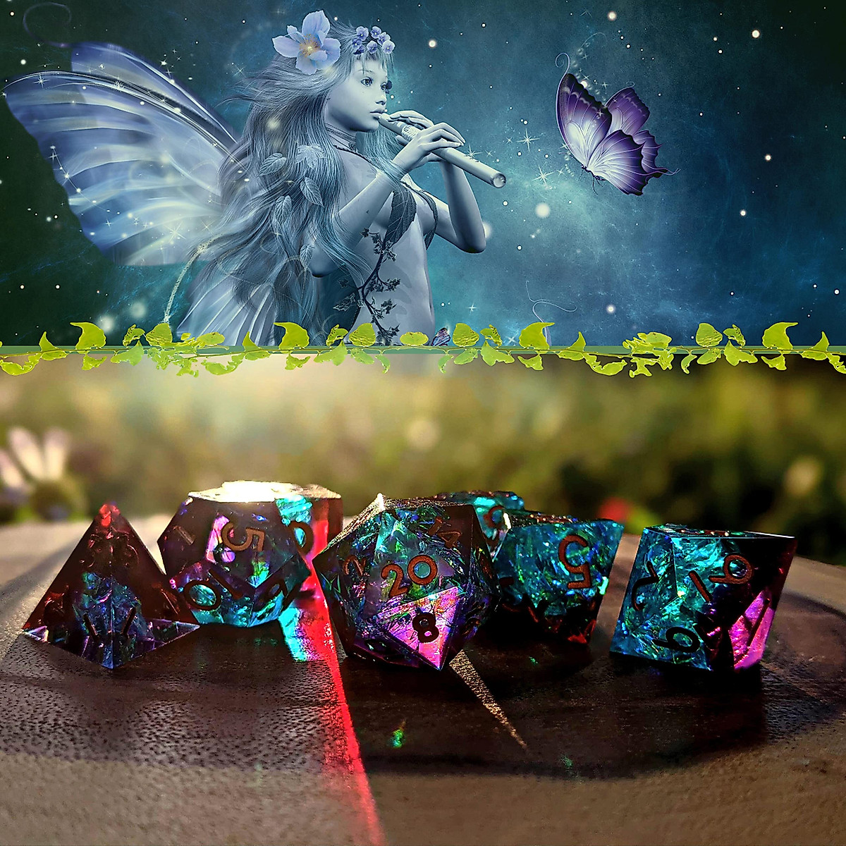 FOXBITE Sharp Dice 7 DND Dice Sets Polyhedral Teal Swirl Black with Sequins Inside with Gorgeous Box Case for DND Dungeons and Dragons (Teal Swirl Black with Sequins) (Fairies)