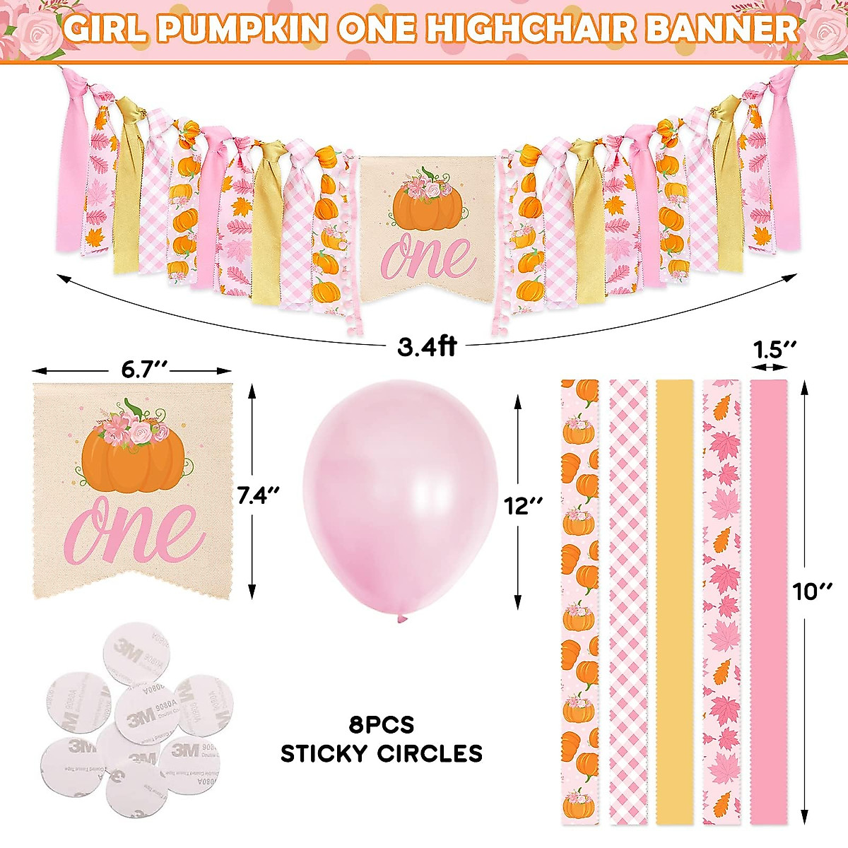 Little Pumpkin First Birthday Decorations Fall High Chair Banner with Glitter Pumpkin Cake Topper One Crown Hat and Balloons for Baby Girls Cake Smash Photo Prop Backdrop Supplies