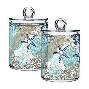 DOMIKING Algae Corals Seashells 2 Pack Cotton Swab Holder Dispenser Plastic Jar Bathroom Storage Canister Acrylic Containers for Cotton Ball Cotton Swab Cotton Round Pads
