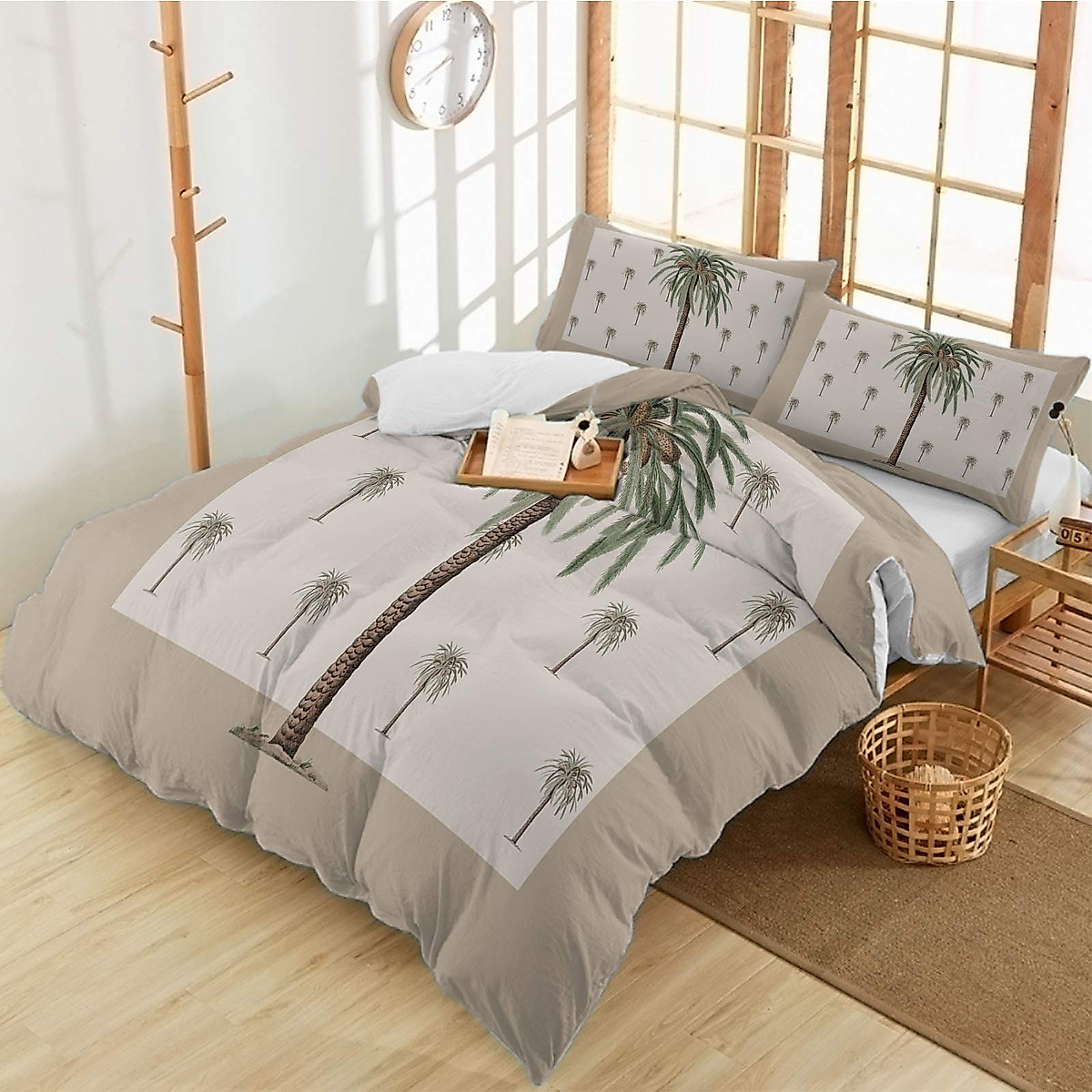 3 Pieces Duvet Cover Cal King Bedding Sets Coastal Beach Green Palm Trees Luxury Soft Comforter Cover with Pillowcases Summer Tropical Coconut Tree Microfiber Quilt Covers Set for Bedroom Decor