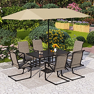 PHI VILLA 7 Piece Outdoor Dining Set with 13ft Double-Sided Large Umbrella for 6, Rectangle Metal Steel Dining Table & Textilene C-Spring Chairs Furniture Set for Patio (Beige)