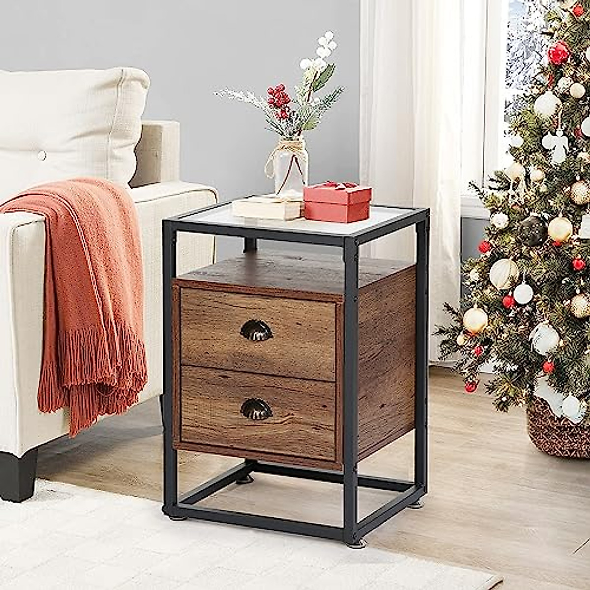 VECELO End Table, Modern Nightstand with Drawer, Night Stand Set of 2 for Bedroom Living Room,Tempered Glass, Brown/2pcs