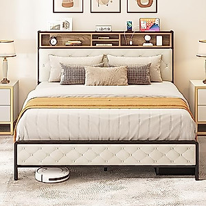 YITAHOME Queen Size Bed Frame, Platform Bed Frame with Charging Station, Upholstered Storage Headboard & Footboard Metal Slats Supports Mattress Foundation, No Box Spring Needed, Beige