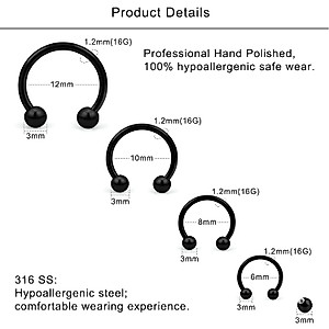 Lcolyoli 16G Variety of Sizes Horseshoe Rings Surgical Steel Nose Septum Rings Hoop Eyebrow Smiley Lip Rings Tragus Earring Daith Helix Piercing Jewelry for Women Men 6mm 8mm 10mm 12mm Black