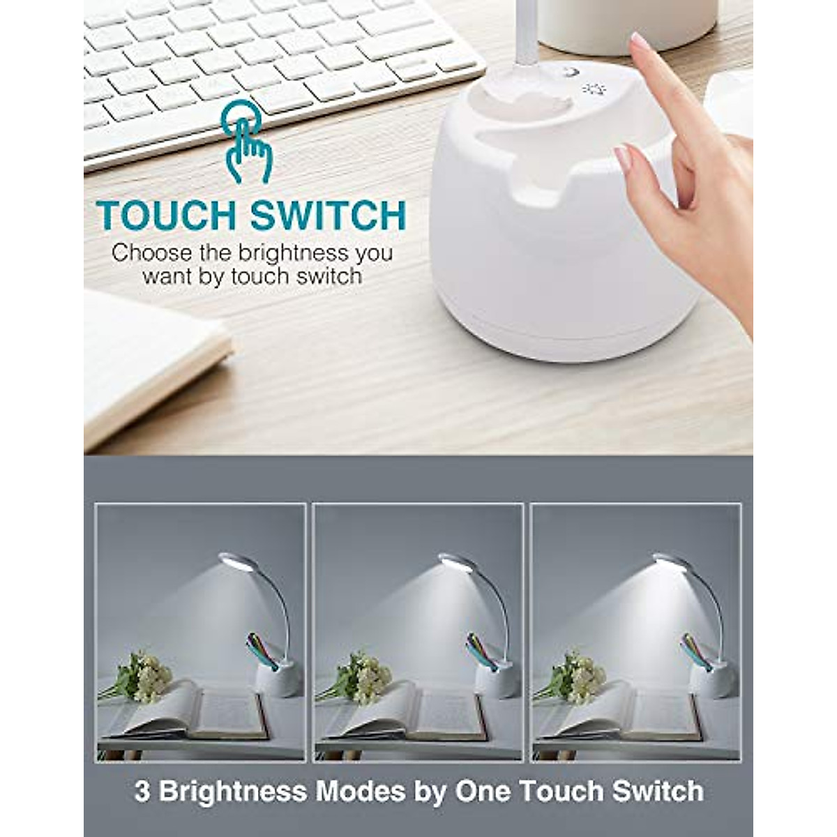 kolpop Desk Lamps for Home Office, Rechargeable Led Desk Lamp with USB Charging Port & Pen Phone Holder 3 Dimming Levels & Night Light Mode 360° Flexible Goose Neck LED Desk Light Desk Lamps for Kids