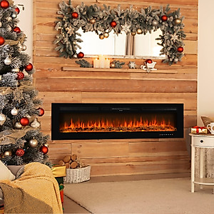 AthLike 60'' Recessed and Wall Mounted Electric Fireplace, 750/1500W Low Noise Linear Heater, with Multicolor Flame and 5 Flame Brightness, Log&Crystal, Touch Screen Remote Control,1-8h Timer, Black