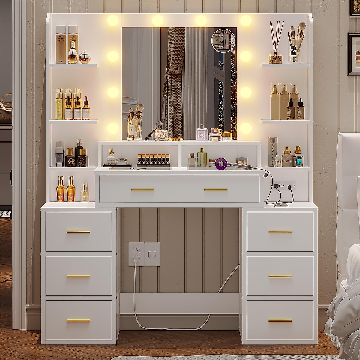 BTHFST Glass Top Vanity Desk with Mirror and Lights, Makeup Vanity with Lights, Charging Station and 10x Magnifying Mirror, Large Vanity Table with 8 Drawers, Acrylic Dividers and Shelves, White