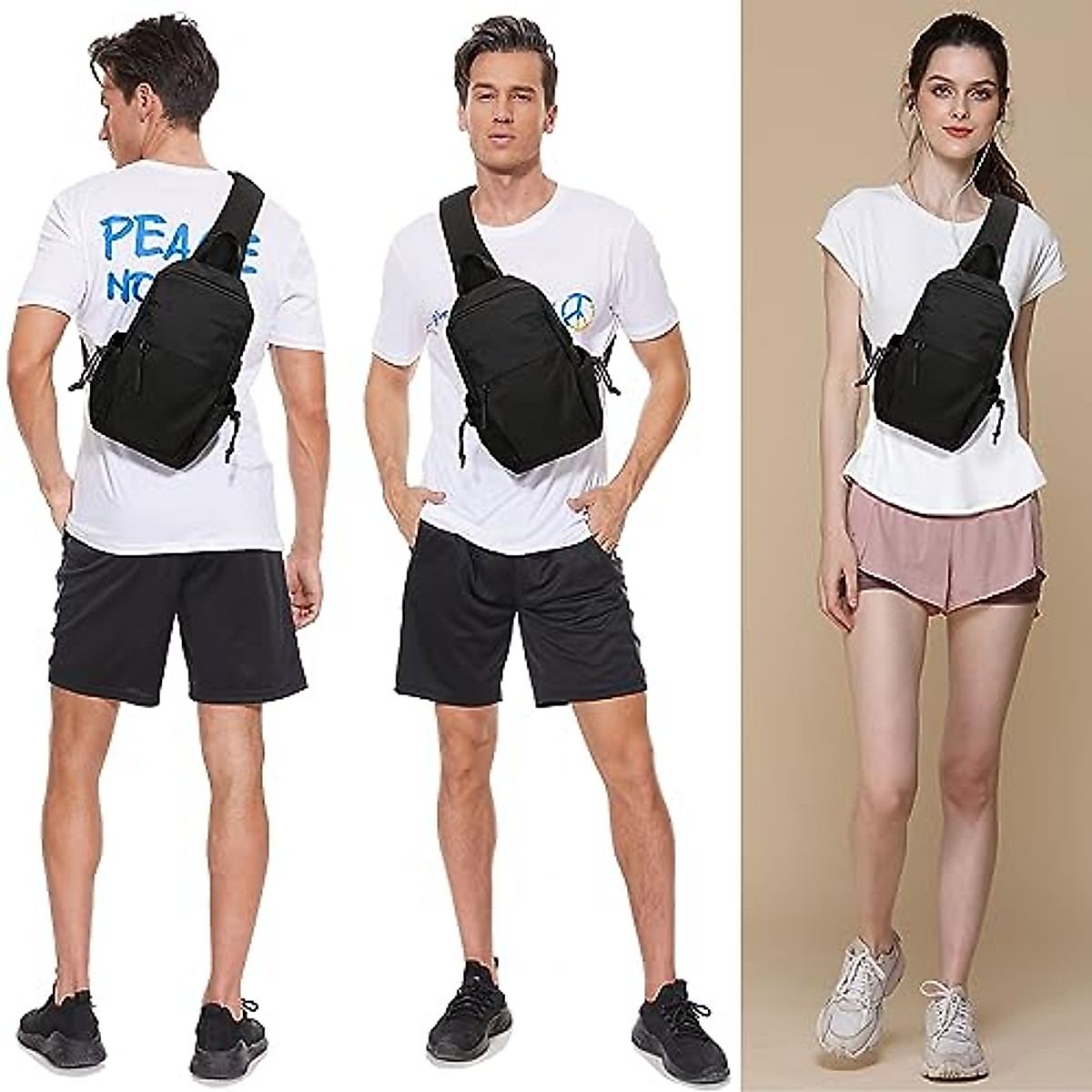 Small Black Sling Crossbody Backpack Shoulder Bag for Men Women, Waterproof Lightweight One Strap Backpack Sling Bag Backpack for Hiking Walking Biking Travel Cycling USB Charger Port-Nylon
