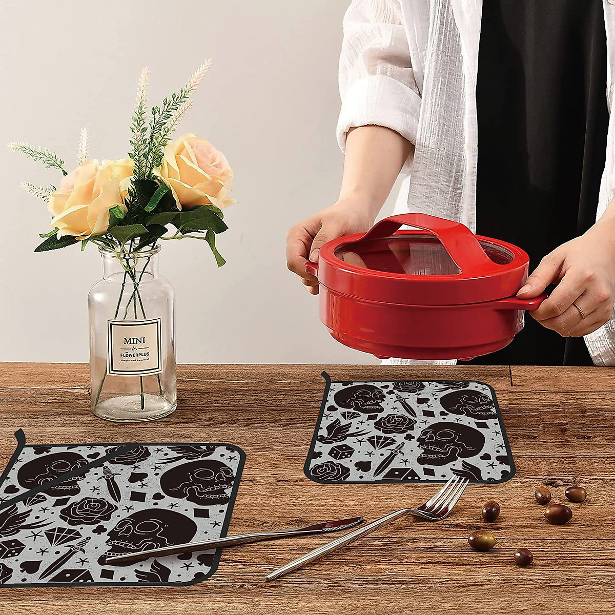 Skull and Rose Pot Holders Set of 2 Kitchen Heat Resistant Potholder for Microwave Cooking Baking Oven End Dishes and BBQ