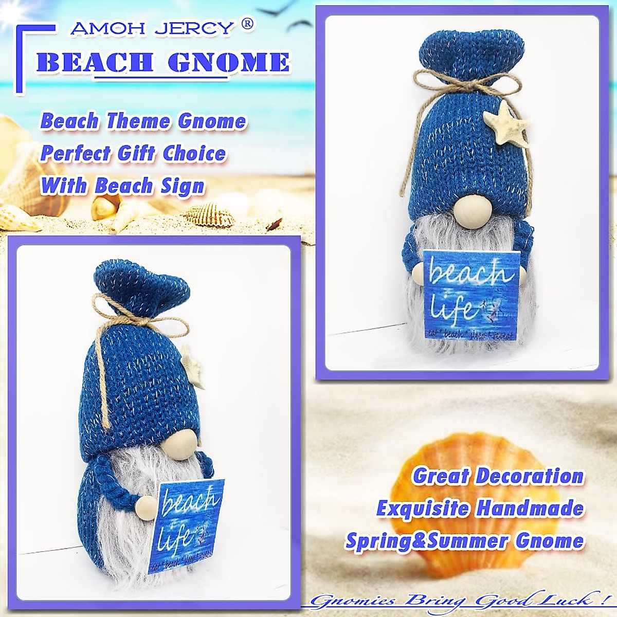 AMOH JERCY Ocean Theme Coastal Gnomes Plush with Starfish Beach Theme Sign Summer Gnomes Plushie Ornaments Tomte Elf Fall Thanksgiving Christmas Decorations Gifts Gnomes for Ages 12+
