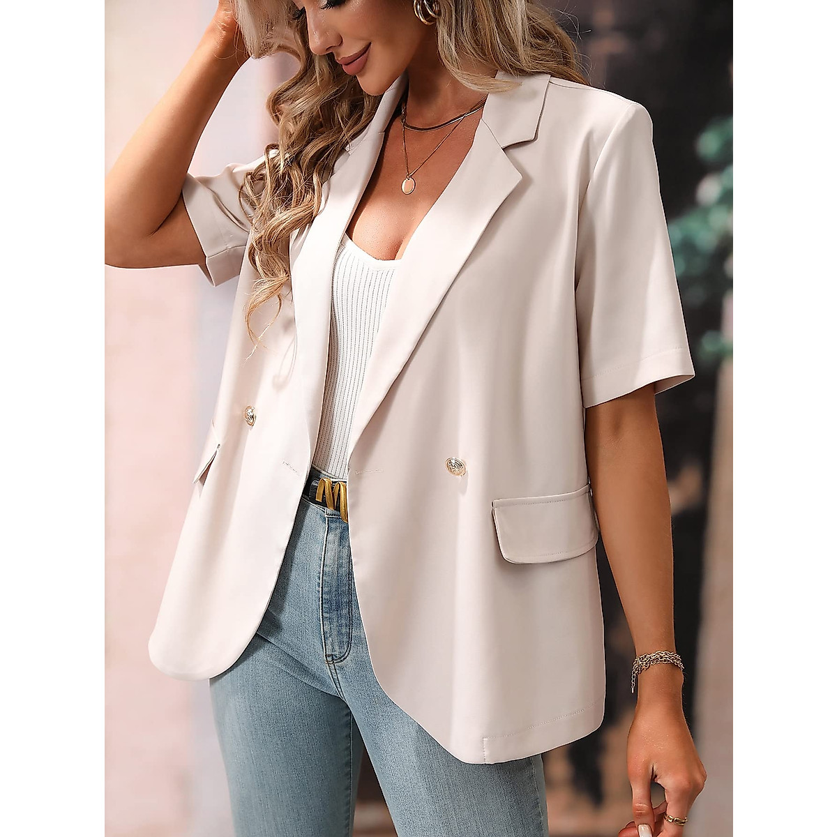 SweatyRocks Women's Casual Lapel Neck Pocket Blazer Short Sleeve Button Down Work Office Blazer Jacket Apricot L