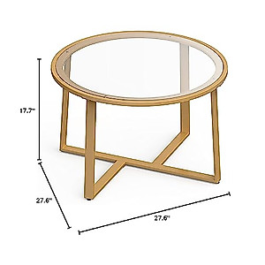 Evajoy Round Glass Coffee Table, 27.6" Gold Coffee Table with Tempered Clear Glass Surface for Living Room, Simple & Modern Center Circle Coffee Table for Small Space, Easy Assembly