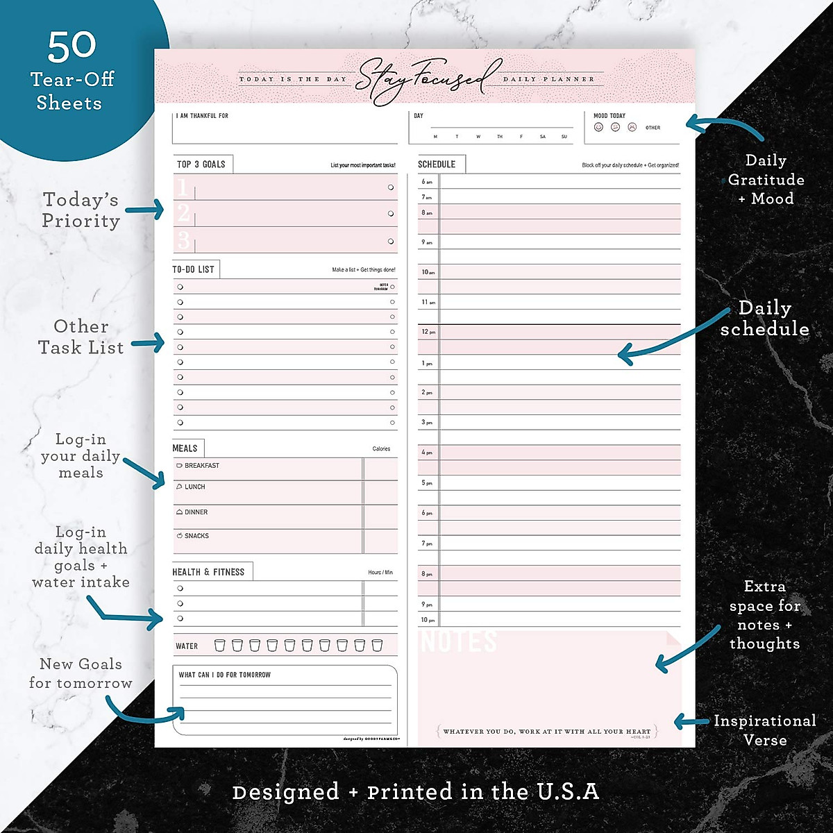Daily Planner Notepad To Do Schedule- 50 Tear off Premium Stay Focused Made USA 8.5" x 11"