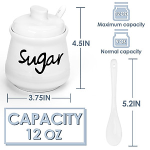 Swetwiny Ceramic Sugar Bowl with Lid and Spoon, 12 Ounces Porcelain Sugar Jar Sugar Dispenser, Sugar Container for Home and Kitchen Decor (White)