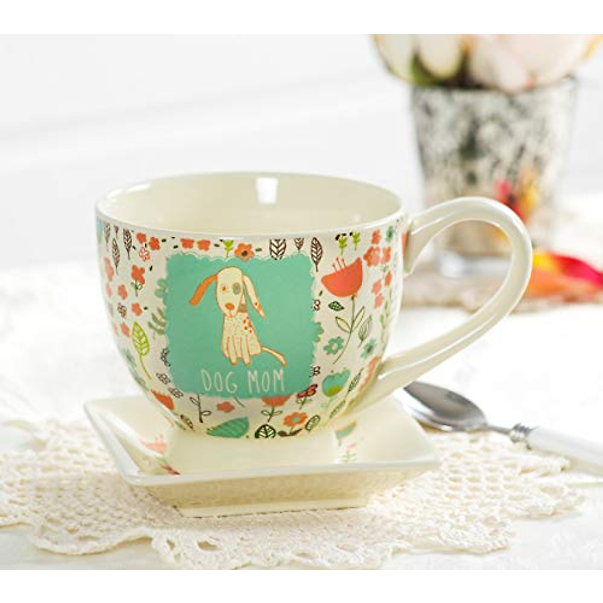 Pavilion Gift Company "A Mother's Love-Dog Mom" Floral Soup Bowl Mug, Teal, 17 oz