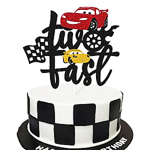 Two Fast Cake Topper Race Car 2nd Cake Decoration for Racing Car Checkered Flag Themed Kids Boy Girl 2 Years Old Happy 2s Birthday Party Supplies Double Sided