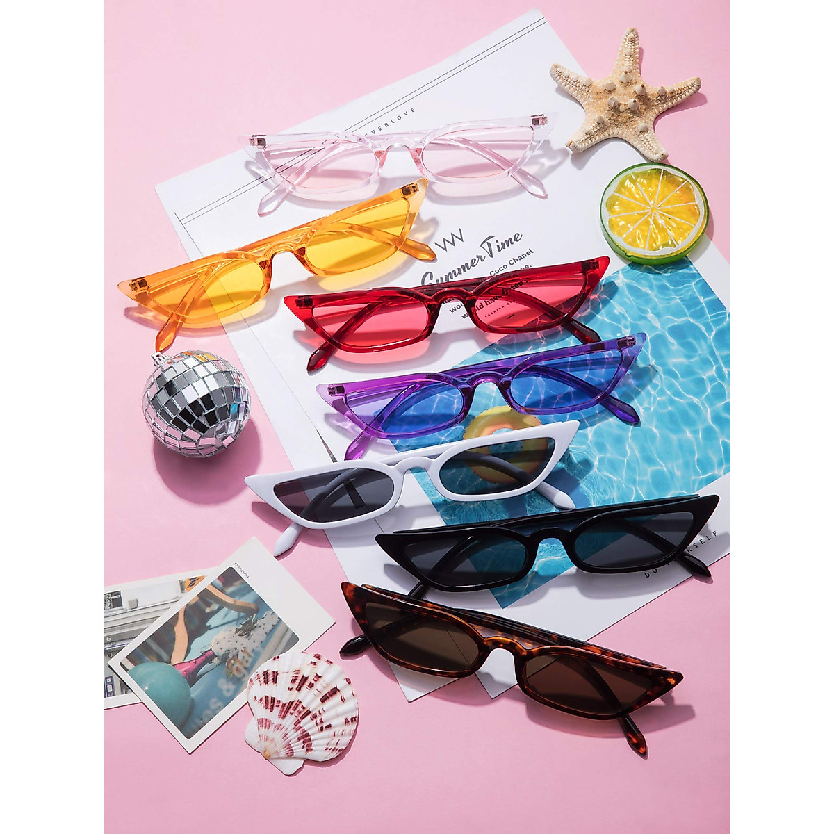 Zhanmai Retro Small Cat Eye Sunglasses Vintage Square Shade Women Cute Skinny Cat Eye Eyewear (7 Pairs)