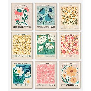 Flower Market Poster Set of 6, Abstract Flower Market Wall Art Prints, Vintage Colorful Floral Wall Art Decor, Boho Room Decor（8x10inch, Unframed)