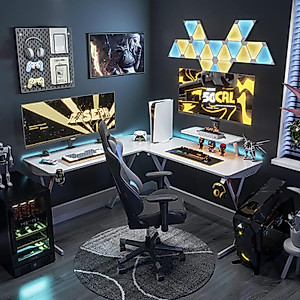 MOTPK White L Shaped Gaming Desk, 51 Inch Gamer Desk Gaming Table with Carbon Fiber Texture, Corner Computer Desk L Shape with Monitor Stand & Cup Holder & Headphone Hook, Gift Ideas