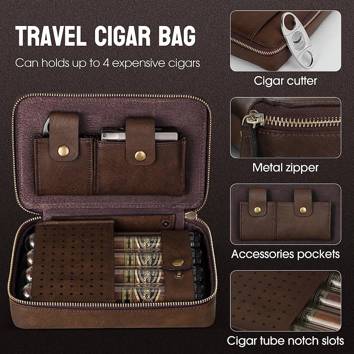 SEMKONT Travel Cigar Humidor Portable Travel Cigar Case with 4 Cigar Tube, Leather Travel Cigar Humidor Include Cigar Cutter, Men's Cigar Accessories Gift Set (Brown)