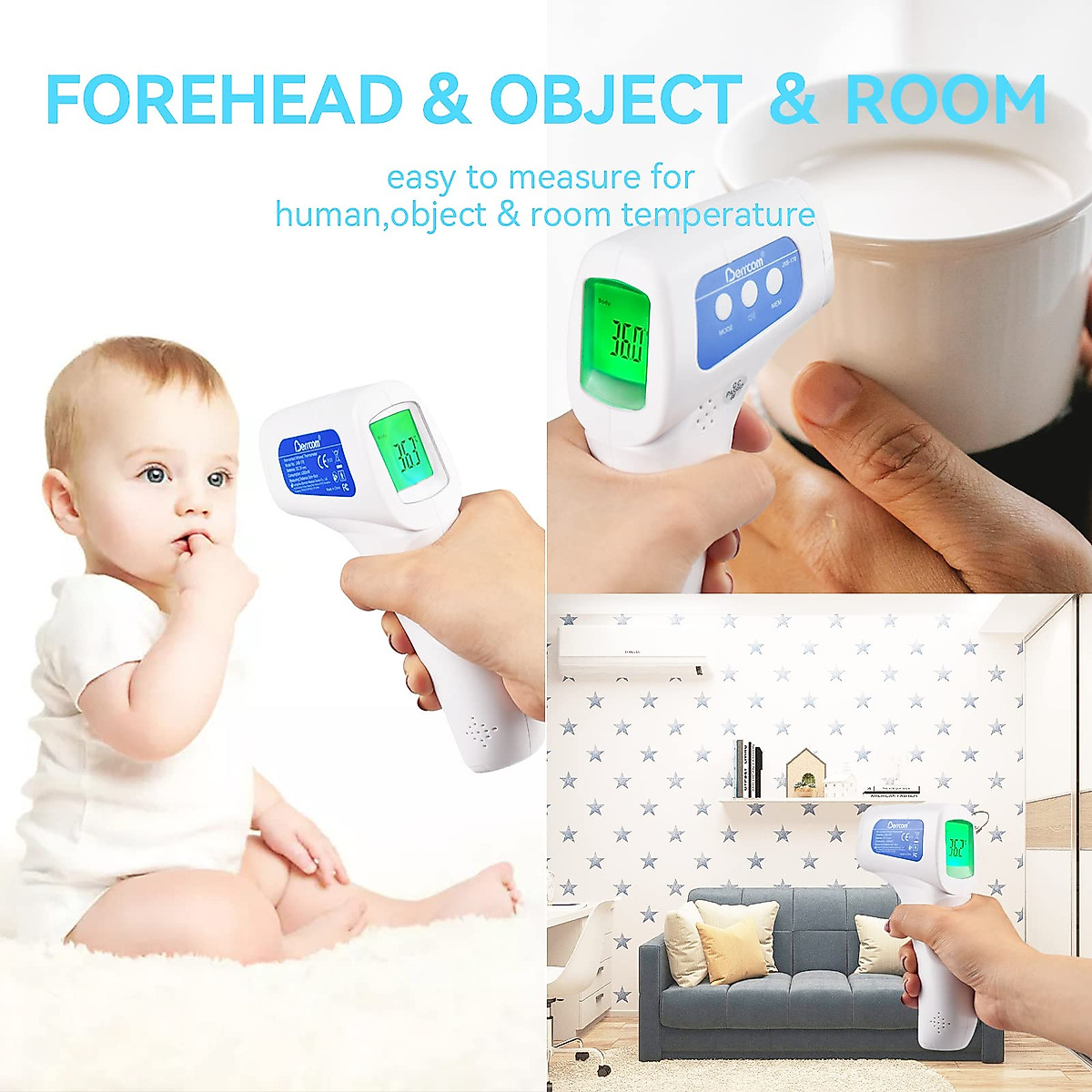 Berrcom Non Contact Infrared Forehead Thermometer JXB-178 Baby Fever Check Thermometer 3 in 1 Contactless for Kids Infant Adult (Batteries Not Included)