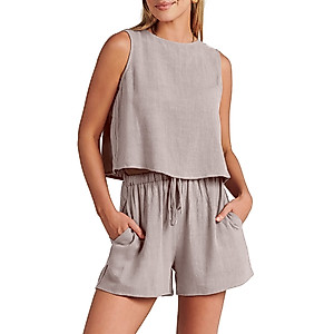 ANRABESS Women 2 Two Piece Outfits Lounge Matching Sets Linen Shorts Boho Aesthetic Clothes Sleeveless Tops 2023 Summer Outfits Vacation Beach 806yinhui-M, Light Grey