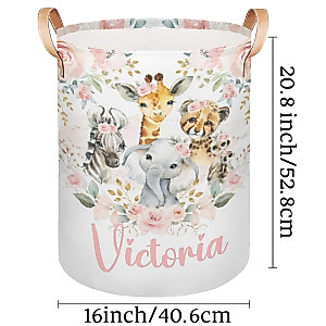 Personalized Laundry Basket, Custom Gift Laundry Hamper, Collapsible Nursery Waterproof Laundry Baskets, Dirty Clothes Toy Hamper with Handles Jungle Safari Blush Floral