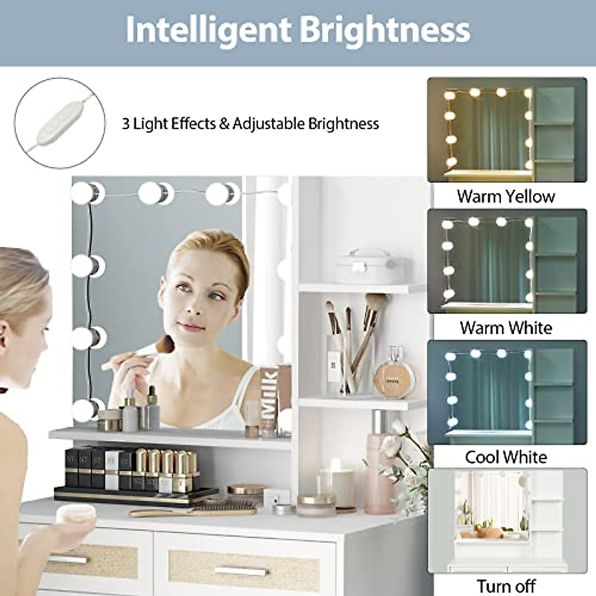 Maupvit Rattan Vanity Desk with Mirror and Lights, Boho Makeup Vanity Table Set with Nightstand, 5 Drawers & 10 Bulbs, Metal Silver Handle, 3 Open Shelves, Dressing Table with Cushioned Stool (White)