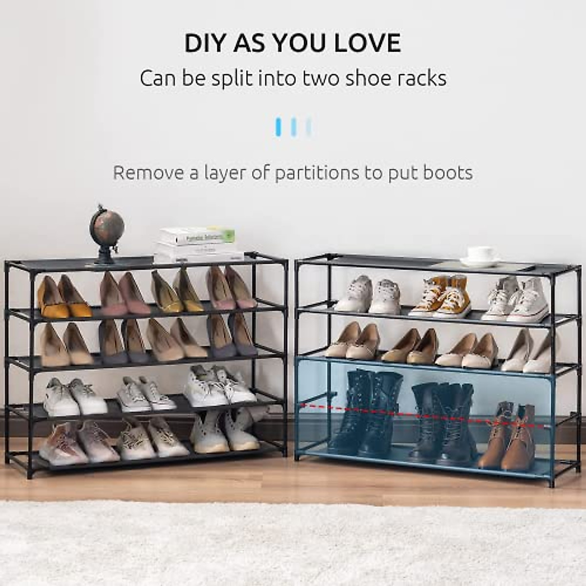 YOUDENOVA 10 Tiers Shoe Rack, 50 Pairs Large Shoe Rack Organizer, Space Saving Shoe Shelf, Non-Woven Fabric Shoe Storage Cabinet, Black