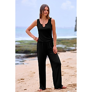 PRETTYGARDEN Womens Summer Casual Two Piece Outfits Sweatsuits Tank Scoop Neck Ribbed Knit Long Pants Tracksuits(Black, Medium)