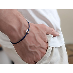 Star of David men's bracelet, silver charm custom gift for him, blue cotton cord bracelet for men, Bar Mitzvah gift, Jewish Hebrew Jewelry from Israel, judaica