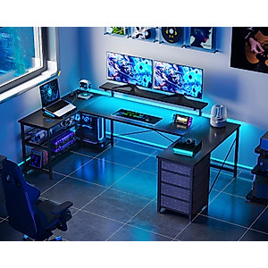 ODK U Shaped Desk with Power Outlets & LED Strip & Monitor Stand, 66" Reversible L Shaped Desk with Drawers and Storage Shelf, Home Office Gaming Desk, Black