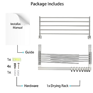 brightmaison BGT Wash Clothes Drying Rack Wall Mount Laundry Room Organizer with Hooks & Swing Arms, 24" Metal Laundry Rack Silver