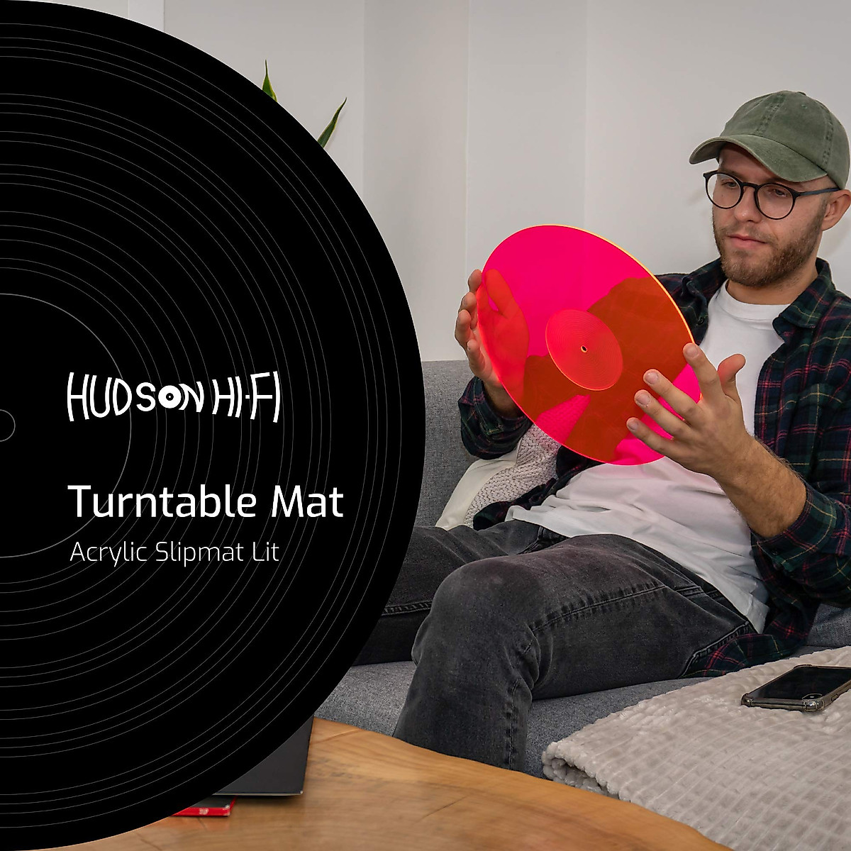 Acrylic Turntable Mat - 11.75" RedLit Vinyl Record Acrylic Mat - Precision Machined Acrylic Turntable Platter Mat with Record Label Recess - See-Through Record Mat for Standard 12" Turntable Platters