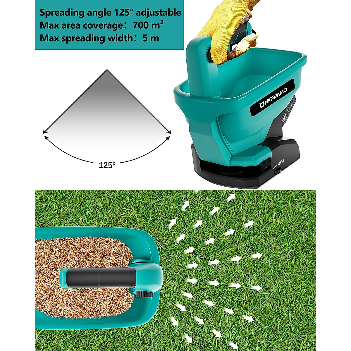 Uniqwamo Grass Seed Spreader for Makita 18V Li-ion Battery, Available Year-Round, Grass Seeds, Rock Salt (Battery not Included)