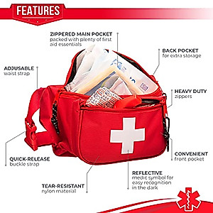 NOVAMEDIC First Aid Fanny Pack Stocked with 75 Piece Emergency Essentials, 8"x2"x6", Waist Bag w/ 3 Zippered Compartments & Adjustable Strap for Lifeguard, Hiking, Travel Men & Women, Durable, Red