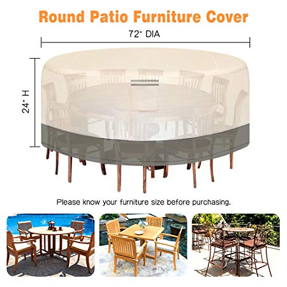 SEKKVY Round Patio Furniture Covers,72 Inch Heavy Duty 100% Waterproof Outdoor Table and Chair Set Covers,All Weather Resistant Lawn Dining Table Covers, Beige & Brown