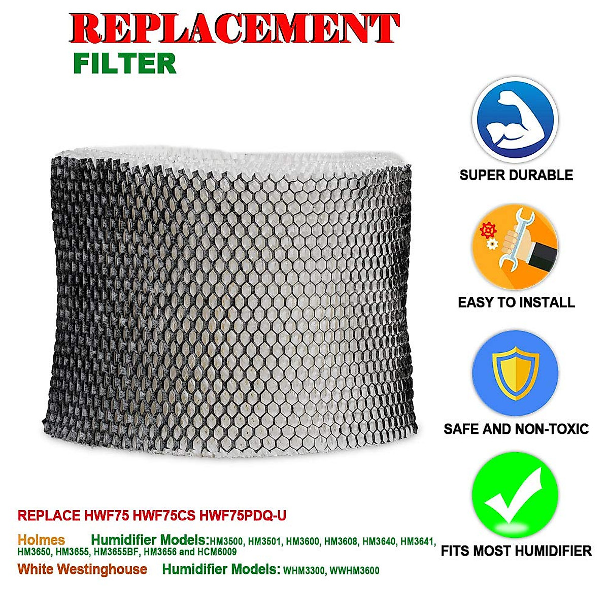 HIFROM Replacement Wick Humidifier Filter Compatible with Holmes HM3500, HM3501, HM3600, HM3608, HM3640, HM3641, HM3650, HM3655, HM3655BF, HM3656 replace HWF75 HWF75CS HWF75PDQ-U - Filter D (2 Pcs)