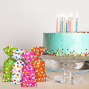 100 Pcs Cellophane Treat Bags, Polka Dots Goodie Bags Star Party Favor Bags Treat Candy Bags with 100 Twist Ties Rainbow Stars Theme for Birthday Baby Shower Pride Day School Supplies (Dot Style)