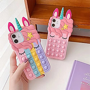 MME Fidget Case for iPhone Case - Cute Fun Funny Soft Silicone Cover for Girls Kids Women, 3D Cartoon Character Kawaii Bubble Cases with Rainbow Neck Lanyard (12 Mini, Color)