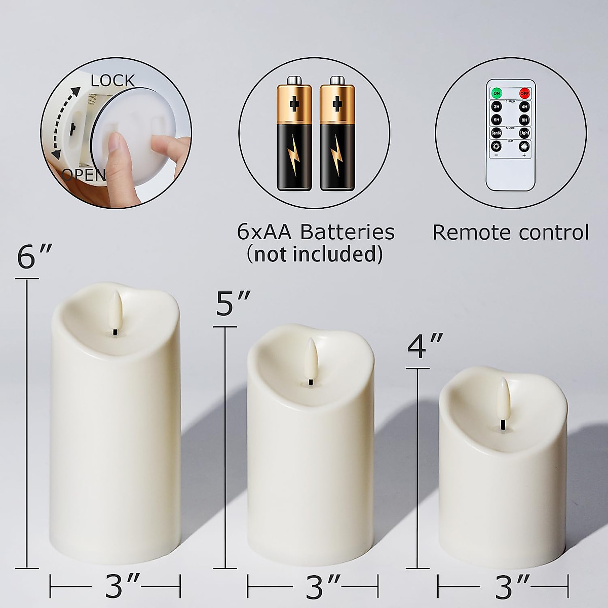 Amagic Flickering Flameless Candles, Waterproof Outdoor Indoor Battery Operated LED Candles with Remote Timers, Won't Melt, Ivory Plastic, D3 x H4 5" 6", Set of 3