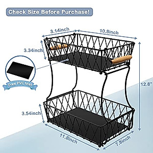 2 Tier Fruit Basket for Kitchen, Tiered Fruit Basket Kitchen Countertop Organizer, Bread Vegetable Storage Wire Metal Bowl with Banana Hanger Holder Stand, Detachable Counter Decor Black Farmhouse