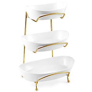 Yedio Fruit Bowls for Kitchen Counter, 3 Tier Ceramic Fruit Basket with Serving Bowls Metal Stand, Tiered White Porcelain Bowls for Fruit Vegetable Storage, Snack, Nuts, Cake, Dessert